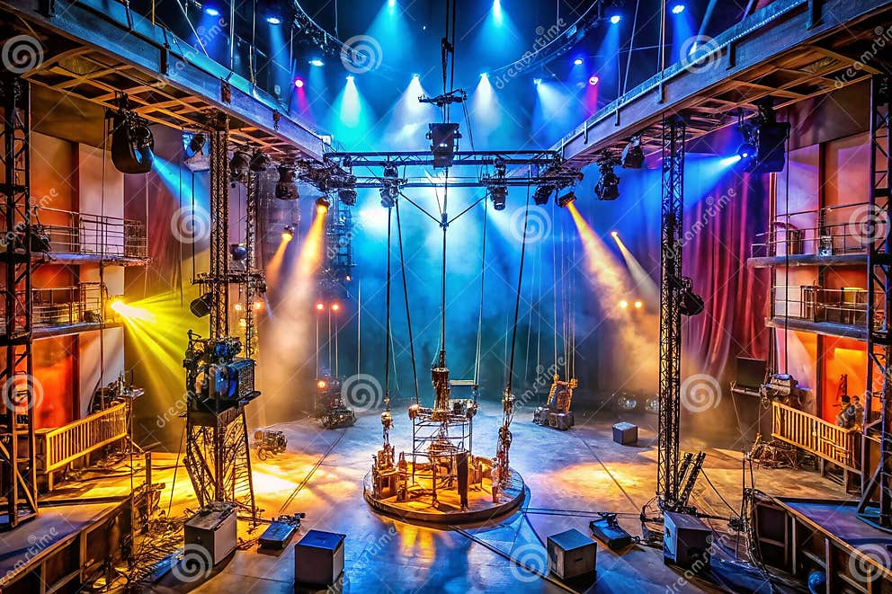 A Dramatic Overhead View of a Theater Stage Rigging System Complex ...