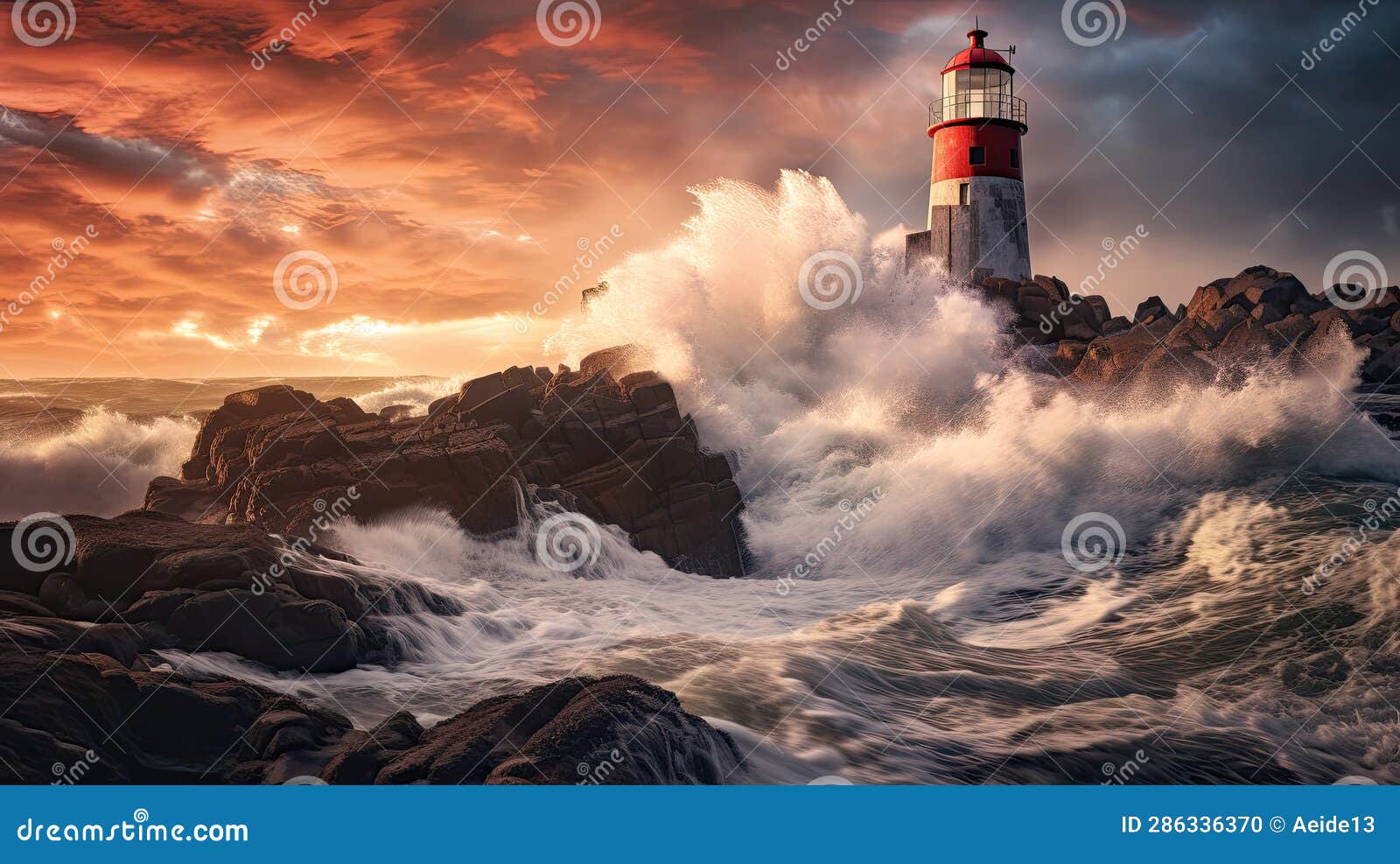 Dramatic Painting of a Lighthouse with Crashing Ocean Waves at Sunset. Stock Illustration ...