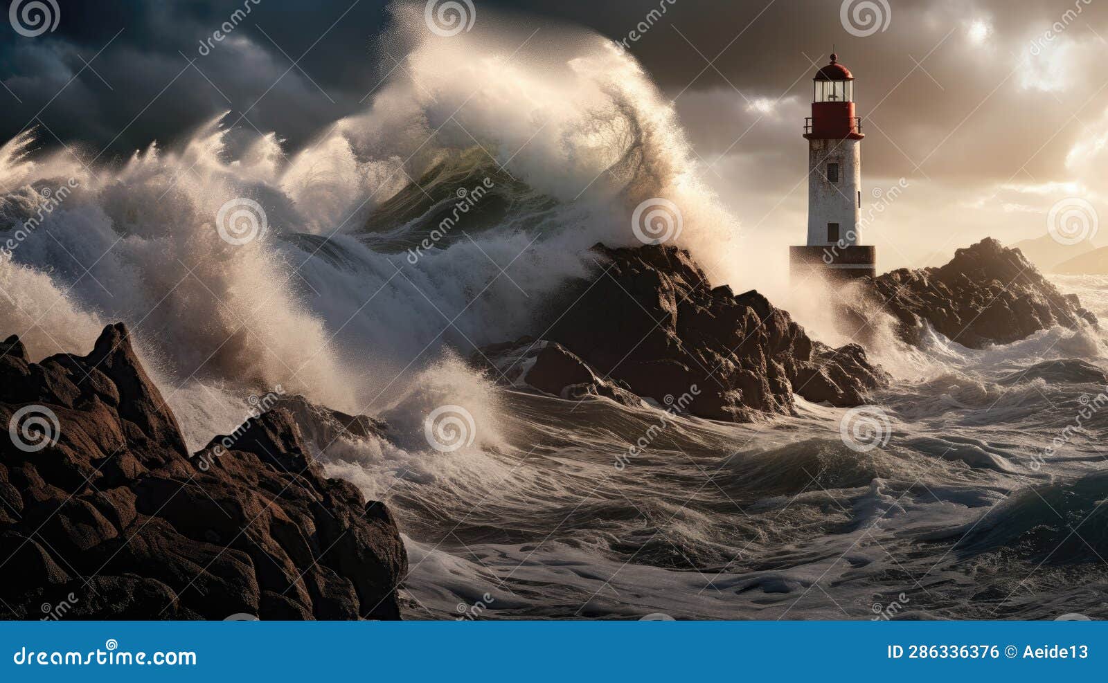 Dramatic Painting of a Lighthouse with Crashing Ocean Waves at Sunset. Stock Illustration ...