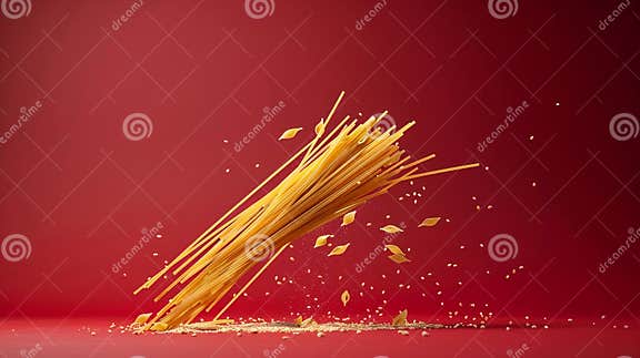 Dramatic Pasta Explosion Against a Bold Red Backdrop Captures Dynamic ...