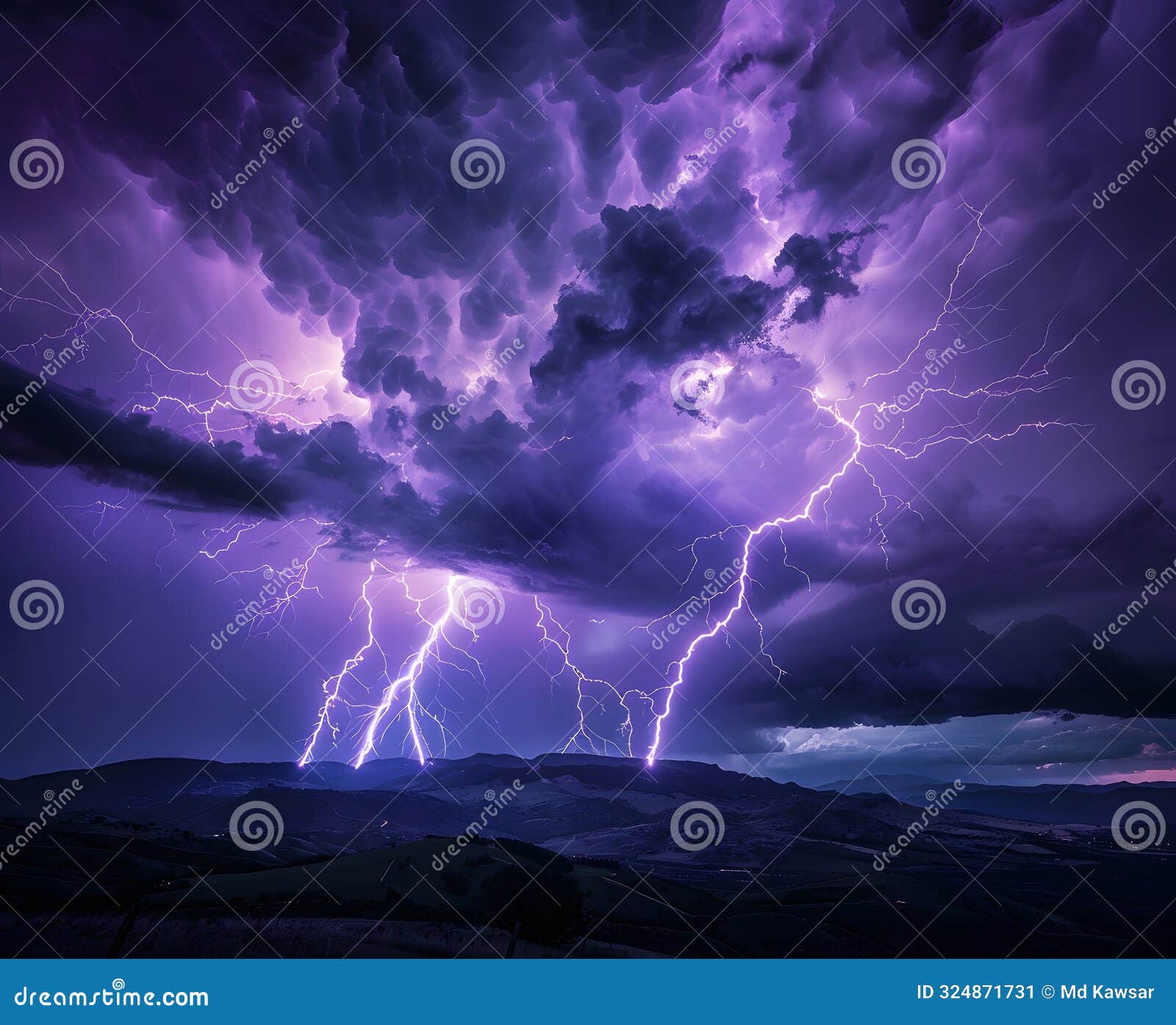 Dramatic Lightning Strikes Over Hills Stock Illustration - Illustration ...