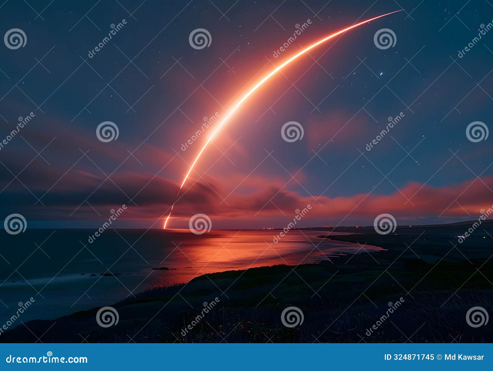 Rocket Launch Trail Over Coastal Night Sky Stock Illustration ...
