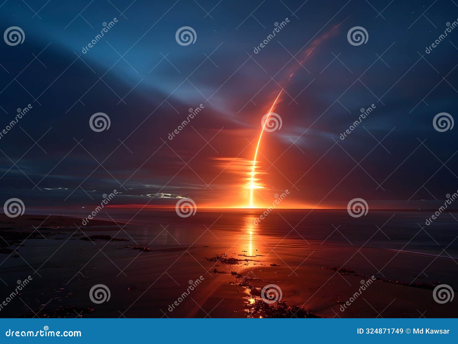 Rocket Launch Trail Over Ocean at Night Stock Illustration ...