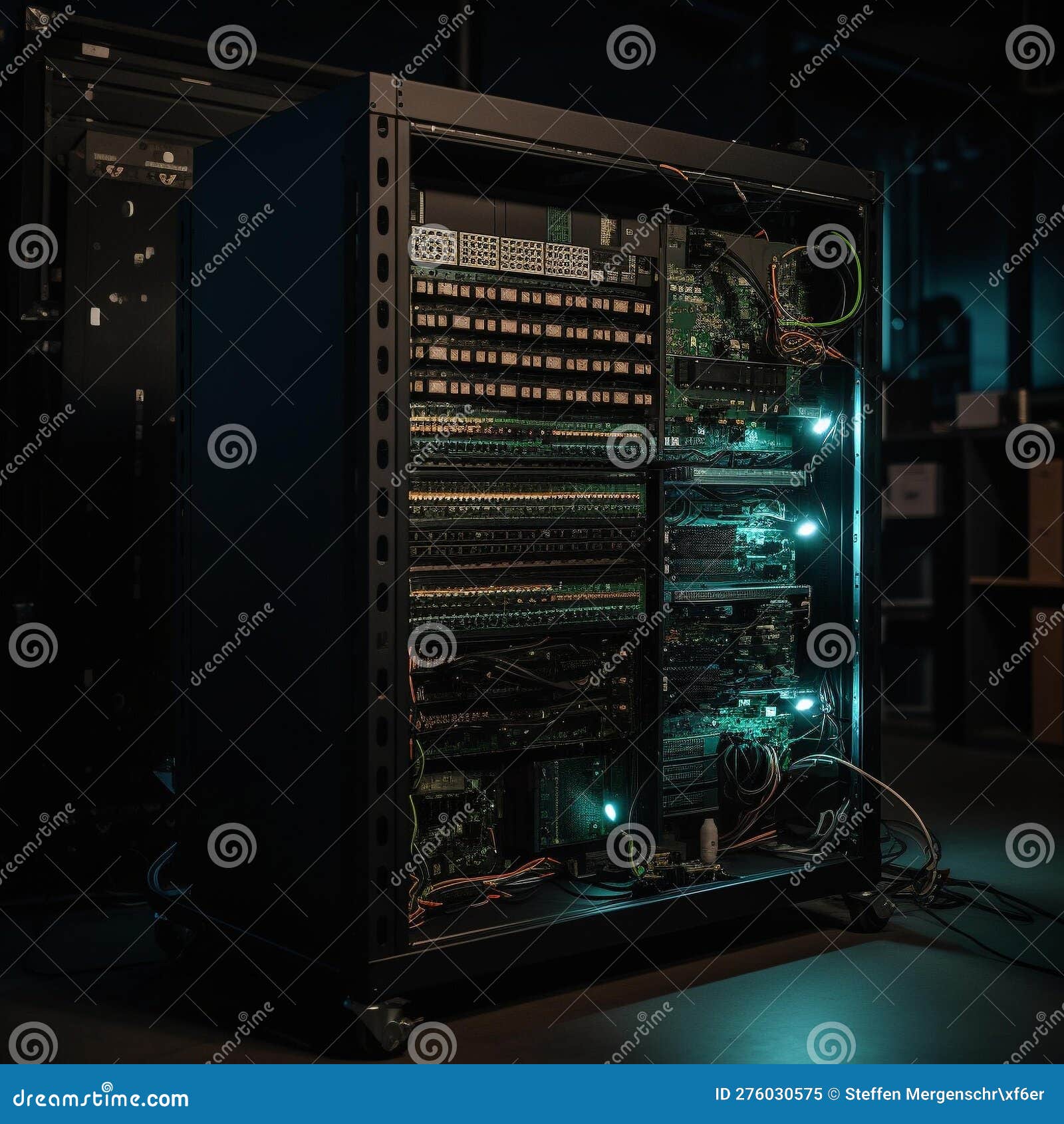 Nighttime Network Server Rack with Blinking LED Lights Stock ...