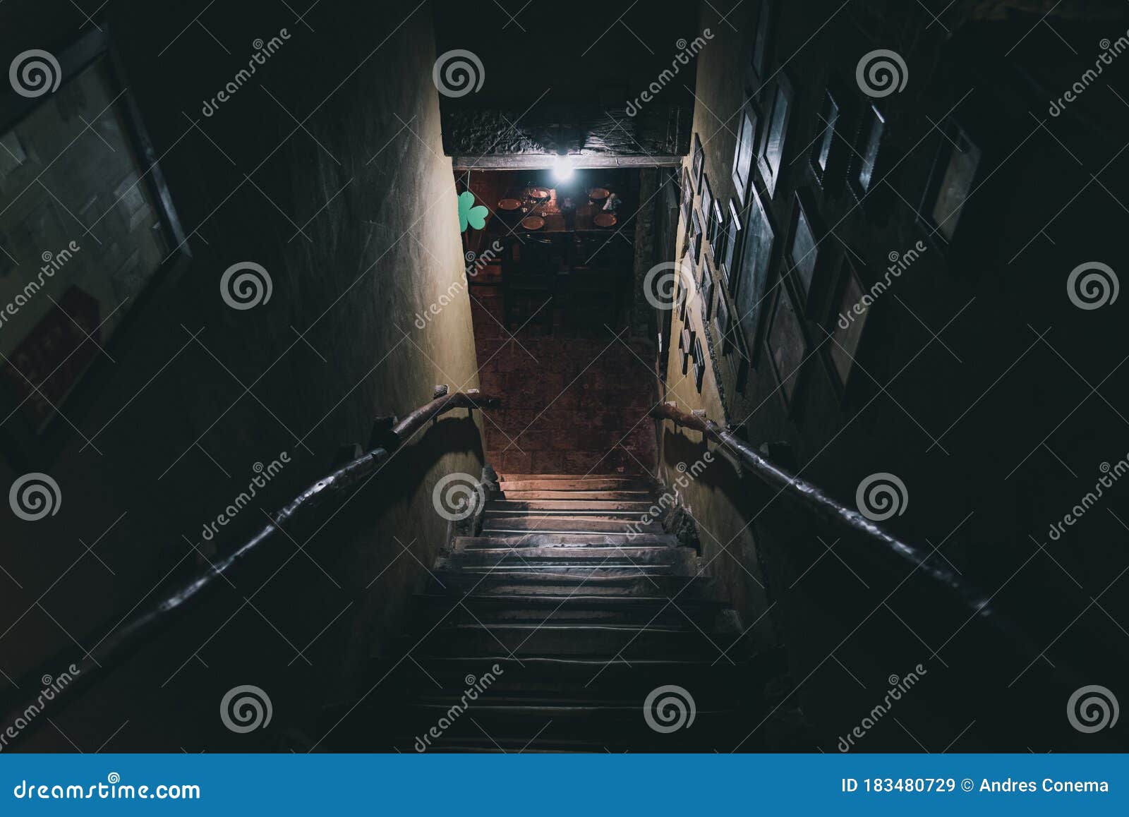 Dramatic Point of View of Scary Stairs from Upside into Darkness of ...