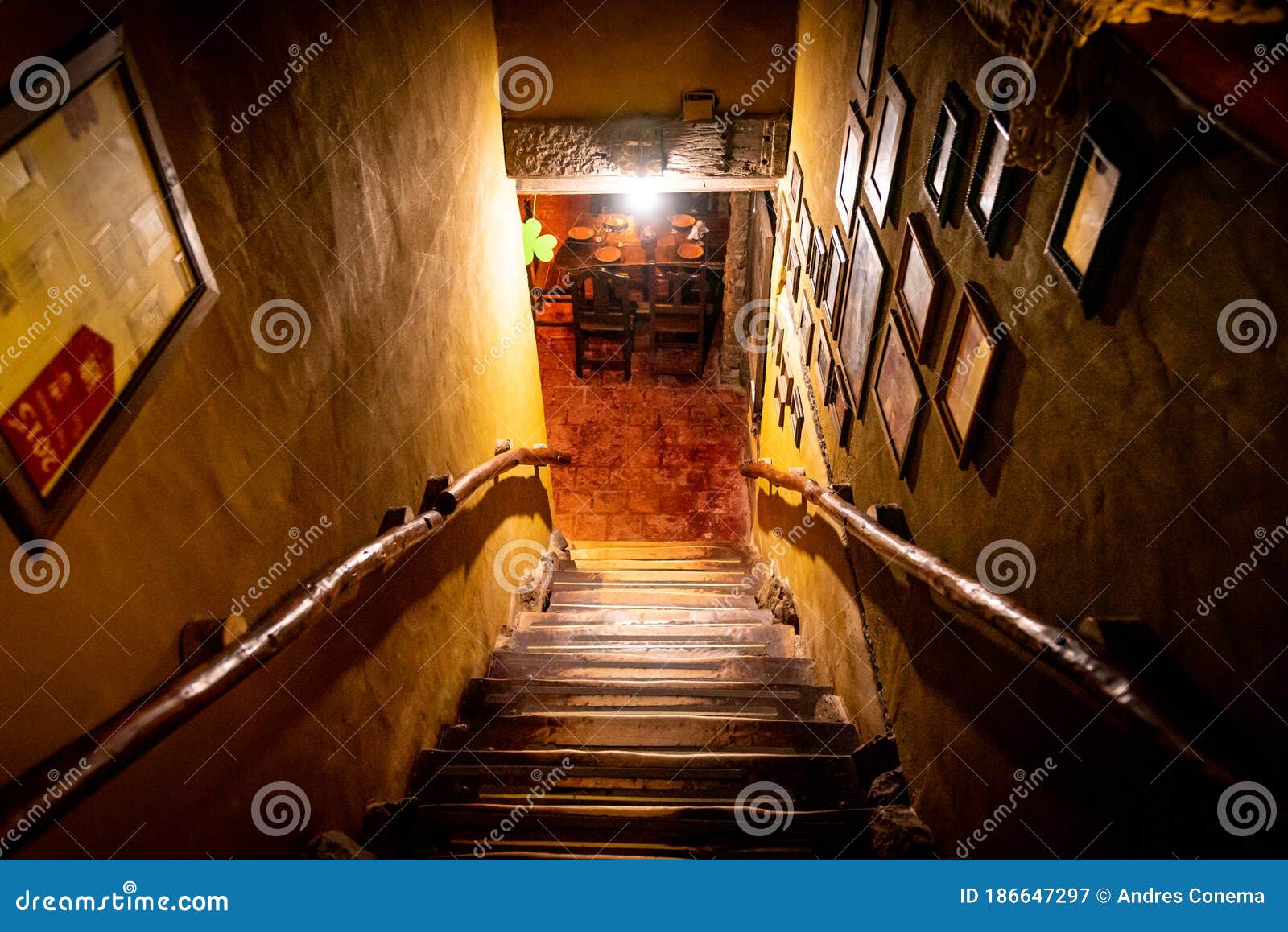 Dramatic Point of View of Scary Stairs from Upside into Darkness of ...