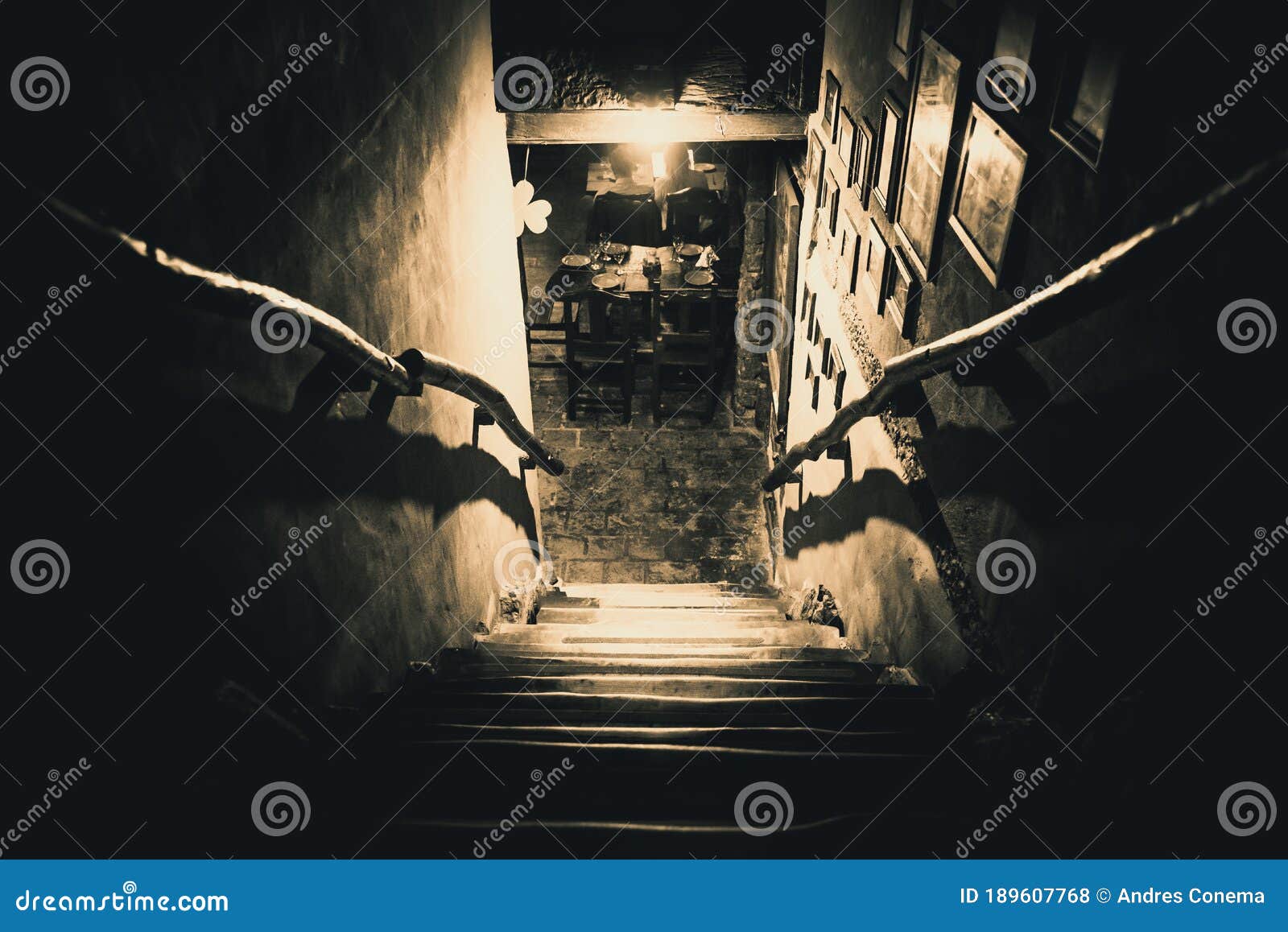 Dramatic Point of View of Scary Stairs from Upside into Darkness of ...