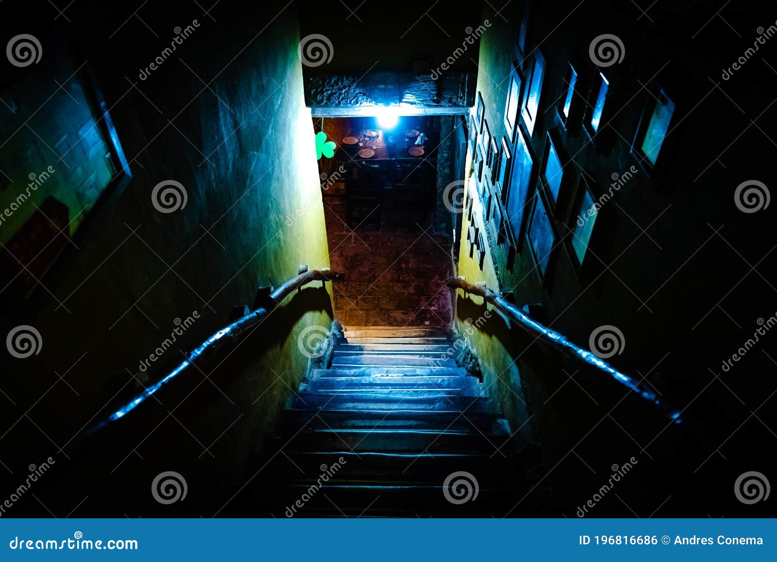 Dramatic Point of View of Scary Stairs from Upside into Darkness of ...