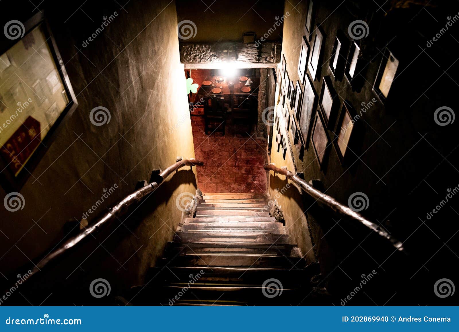 Dramatic Point of View of Scary Stairs from Upside into Darkness of ...