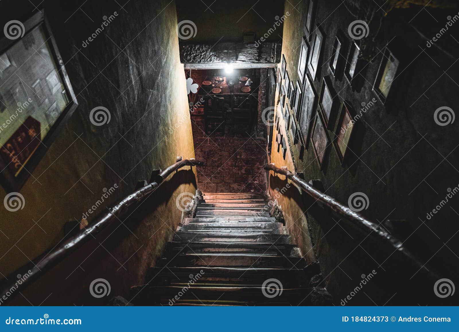 Dramatic Point of View of Scary Stairs from Upside into Darkness of ...