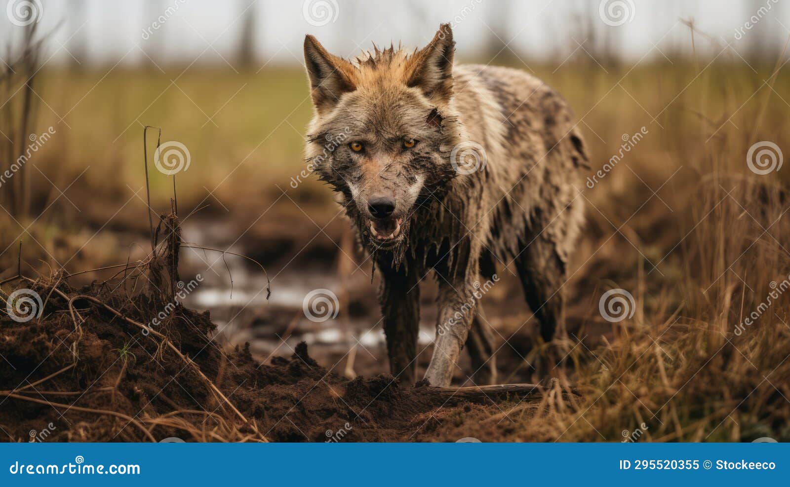Dramatic Portrait of a Mud-covered Wolf in Environmental Activism Style ...