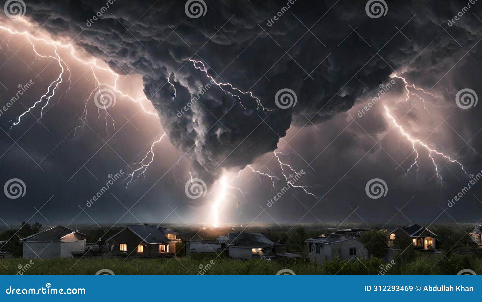 Dramatic and Powerful Tornado. Lightning Thunderstorm Flash Over Night ...