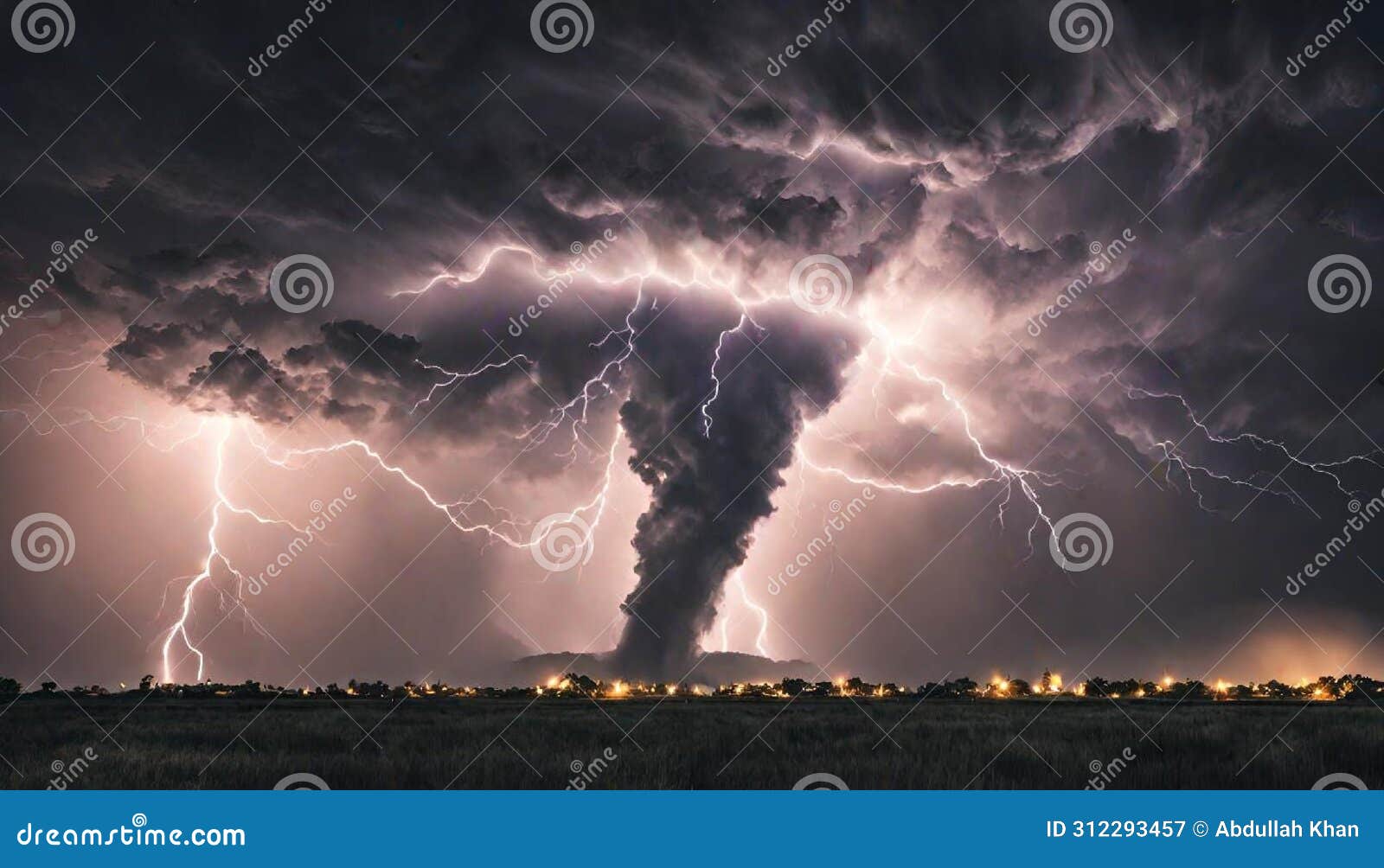 Dramatic and Powerful Tornado. Lightning Thunderstorm Flash Over Night ...