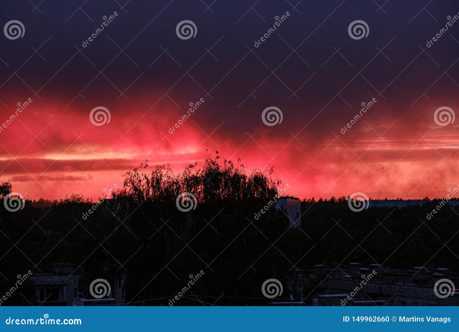 Dramatic Red Clouds Mist Over Trees on Sunset Stock Photo - Image of ...