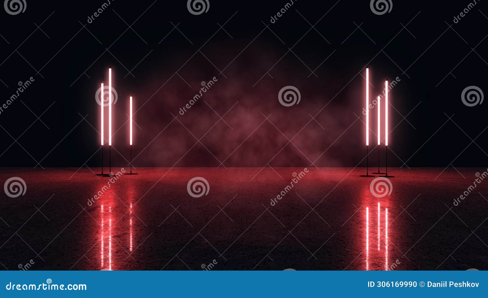 Dramatic Light Pillars Casting Reflections on a Dark Stage with Mist ...