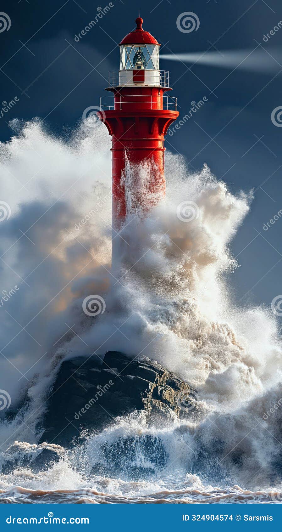 Dramatic Red Lighthouse Amidst Powerful Ocean Waves And Dark Sky ...