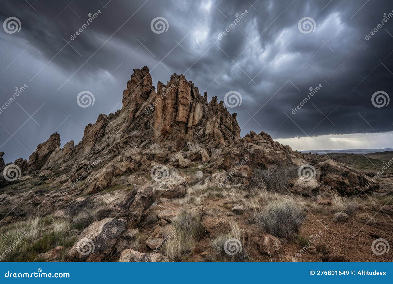 Dramatic Rock Outcropping with Stormy Sky Above Stock Illustration ...