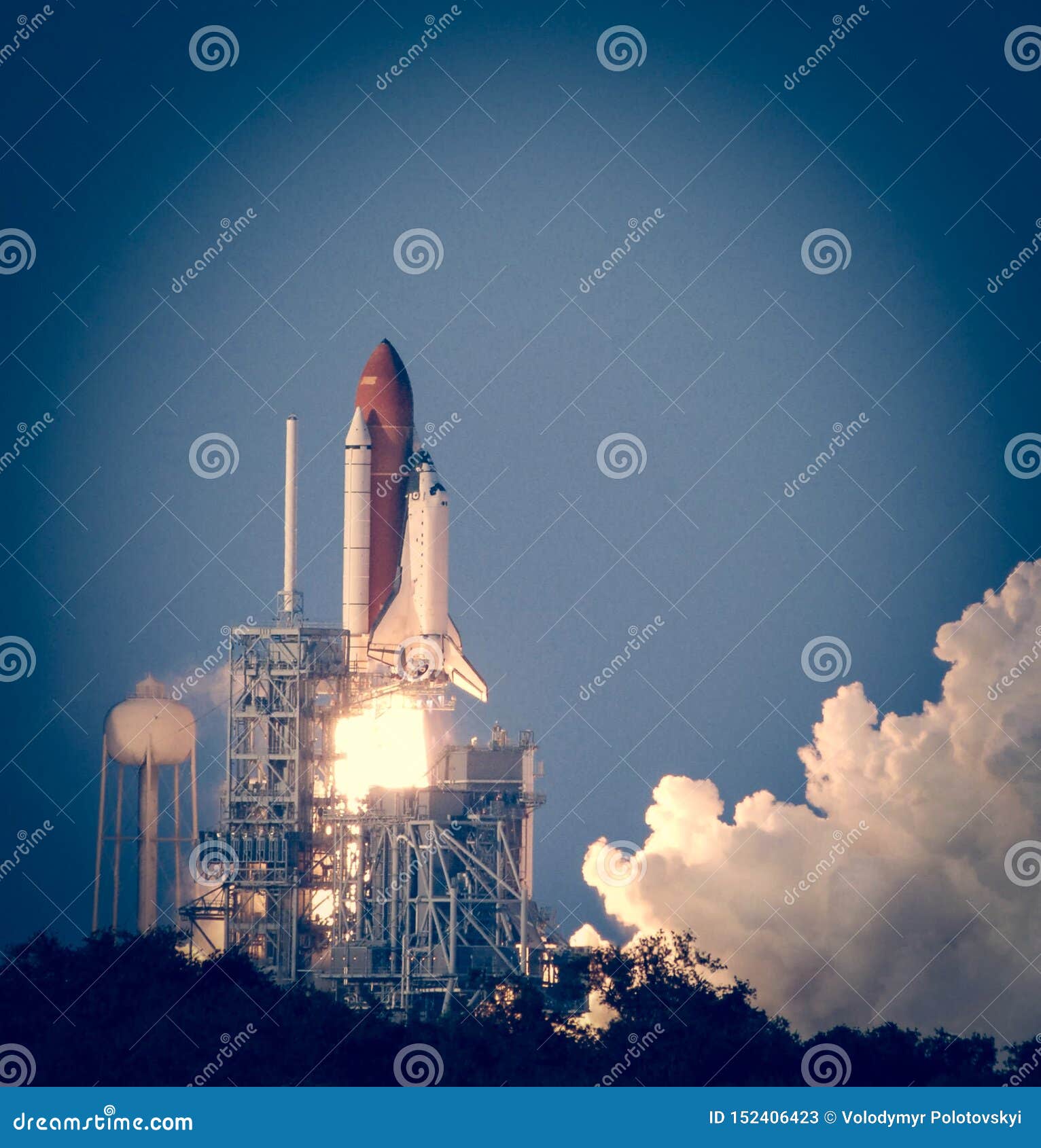 Dramatic Rocket Launch. Clouds, Smoke and Gas. Rocket Launch Platform ...