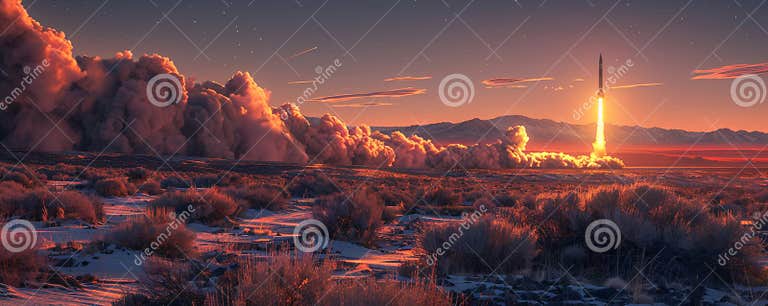Dramatic Rocket Launch at Twilight with Fiery Clouds and Scenic Desert ...