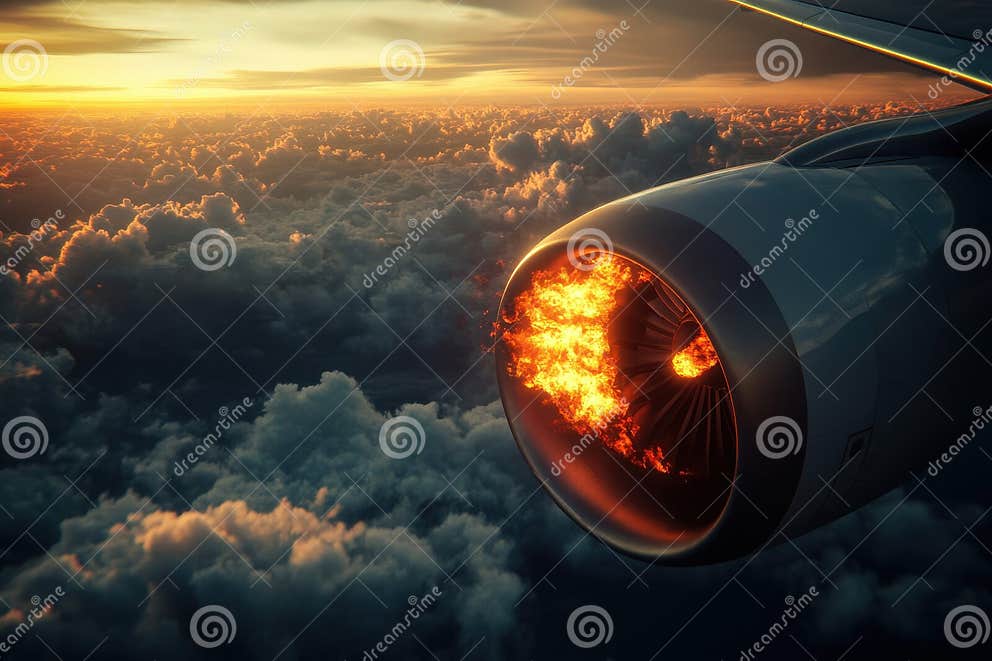 A Dramatic Scene of an Airplane Engine on Fire while Flying Above a ...