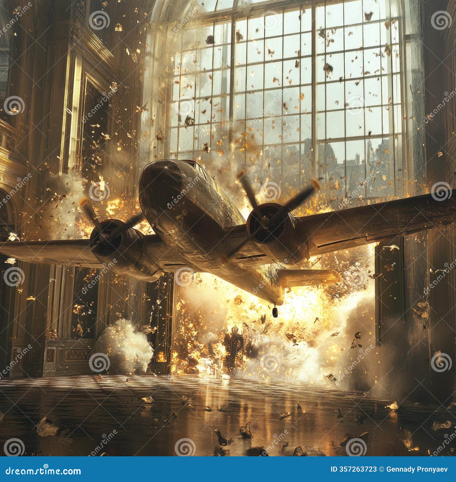 Dramatic Scene of Airplane Exploding in Grand Hall for Action Movie ...