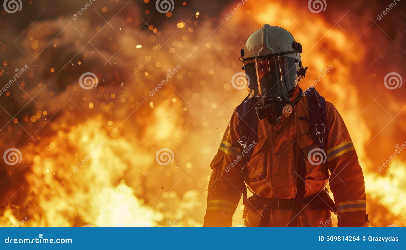 Dramatic Scene of Brave Firefighter in Full Gear Exploring the Huge ...