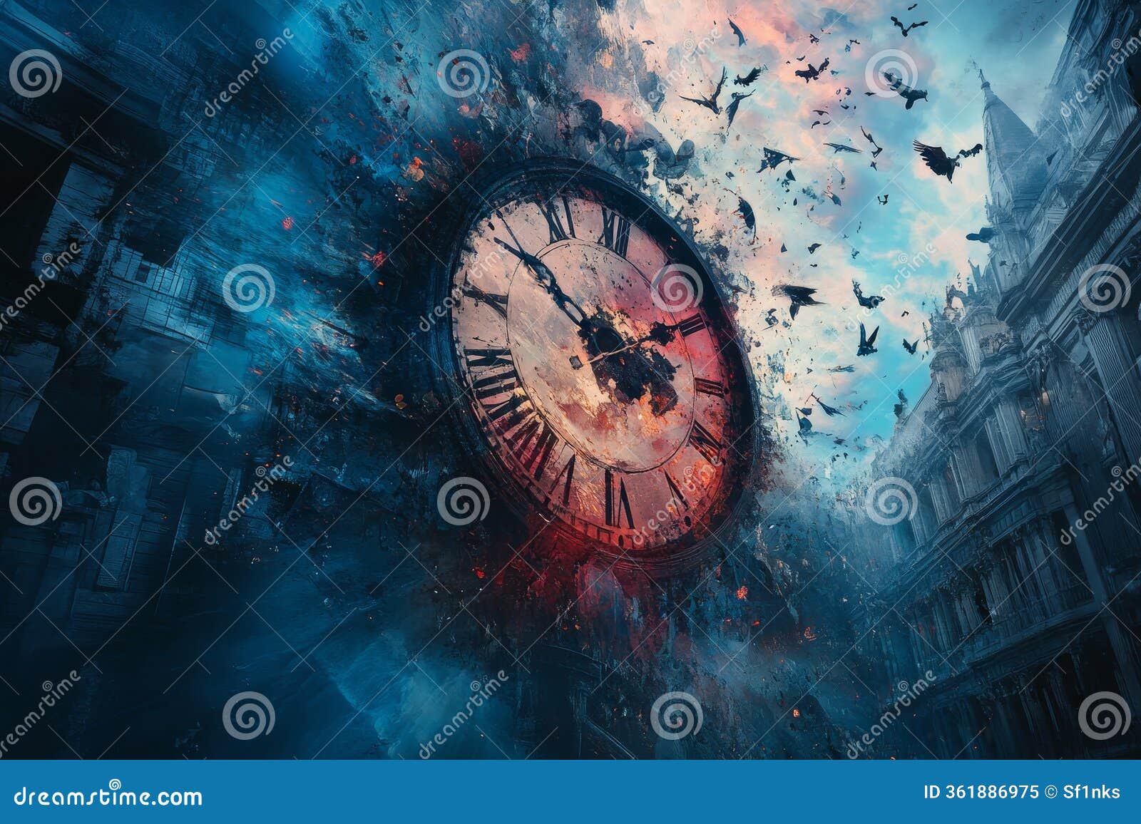 Dramatic Scene of a Clock Face Exploding in a City, with Birds Flying ...
