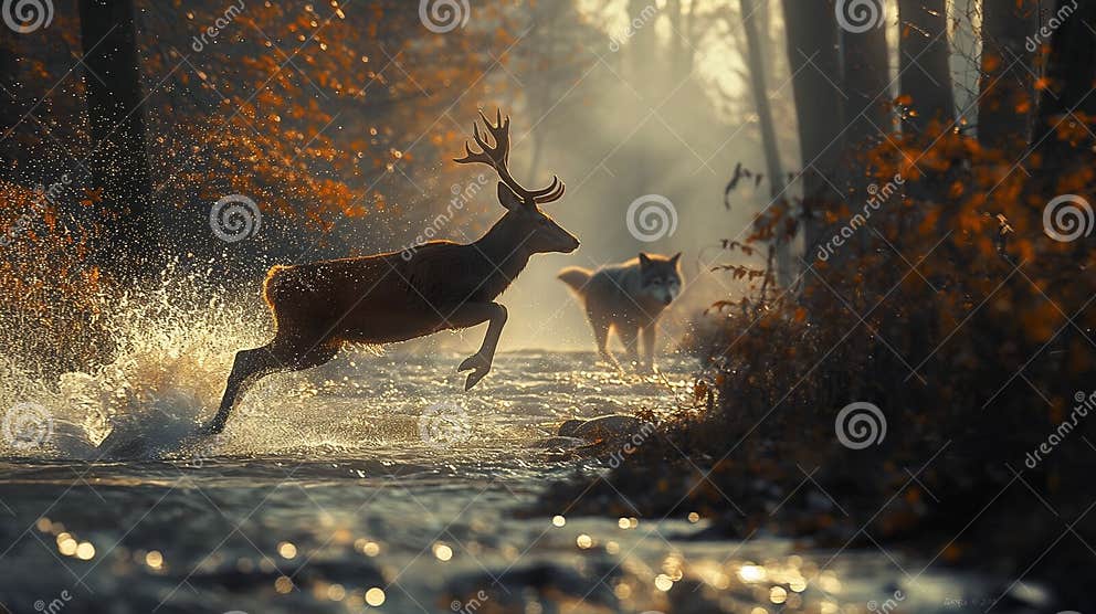 Dramatic Scene of a Deer Being Chased by a Wolf Stock Illustration ...