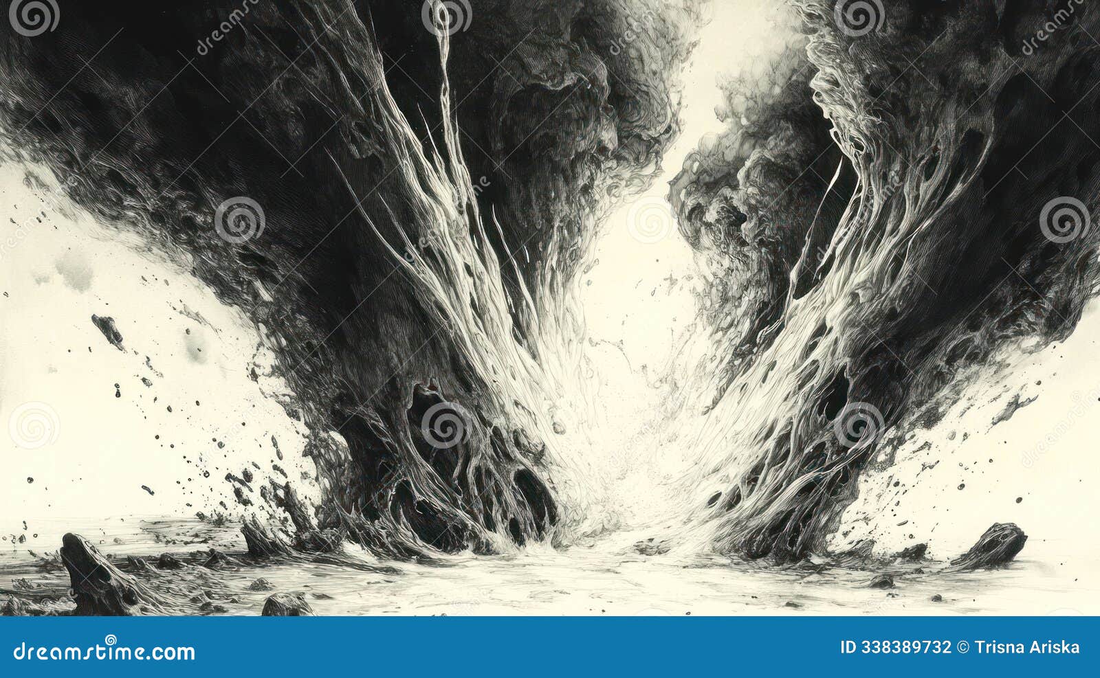A Dramatic Scene Depicting Explosive Forces in a Surreal, Monochromatic Landscape Stock ...