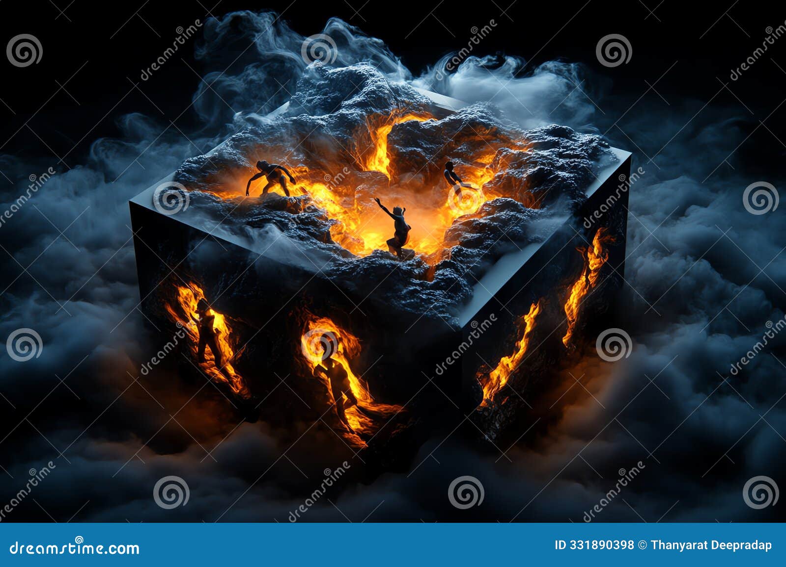 A Dramatic Scene Depicting a Fiery Cube Surrounded by Dark Clouds and ...