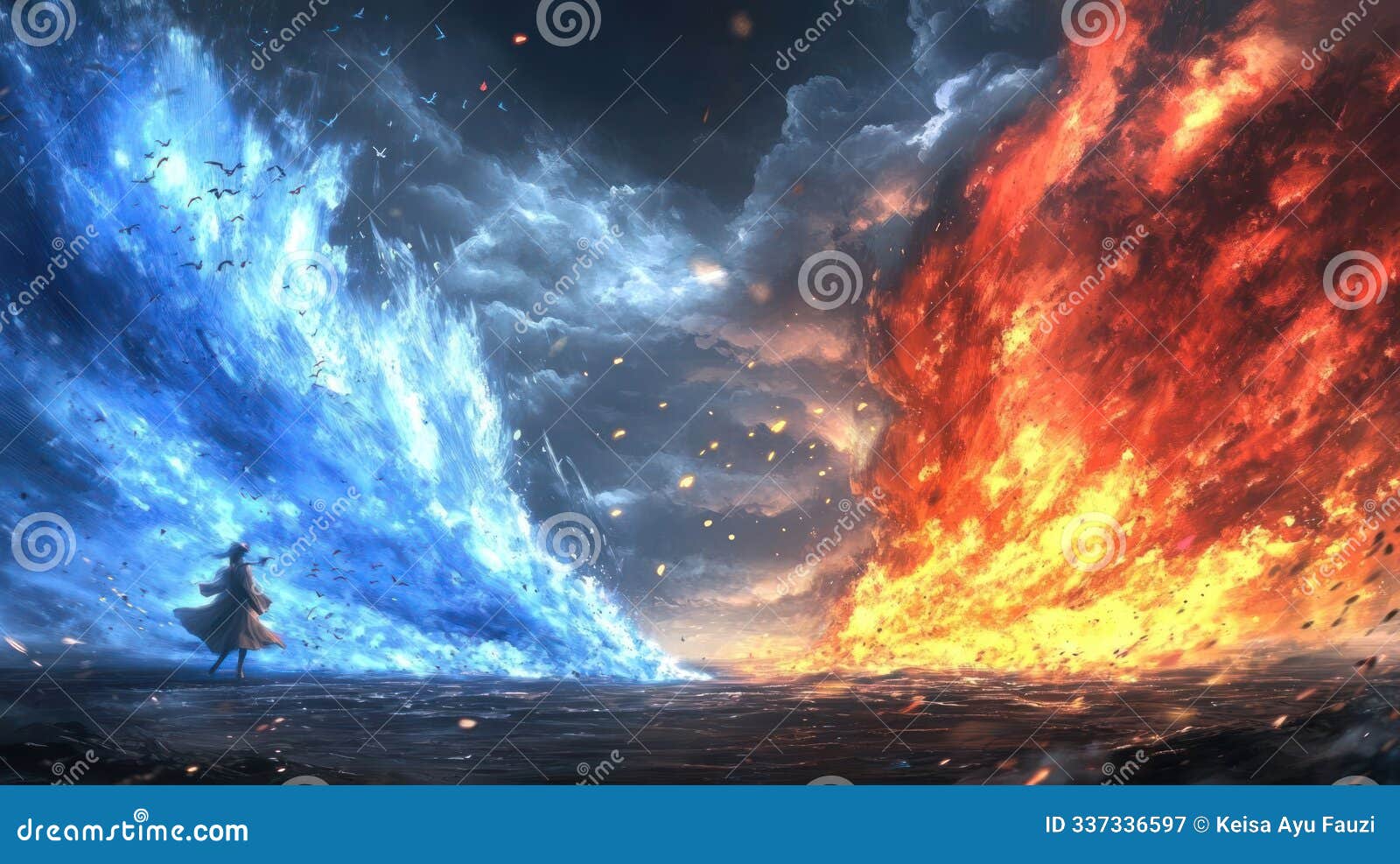 A Dramatic Scene Depicting a Figure Standing between Ice and Fire ...