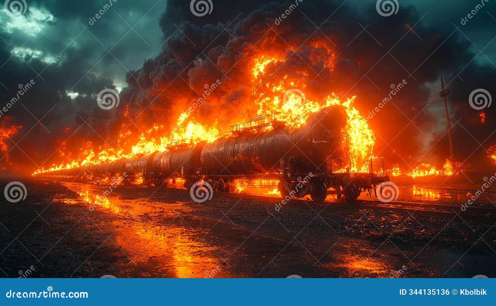 A Dramatic Scene of a Derailed Freight Train with a Tanker Car Ablaze ...