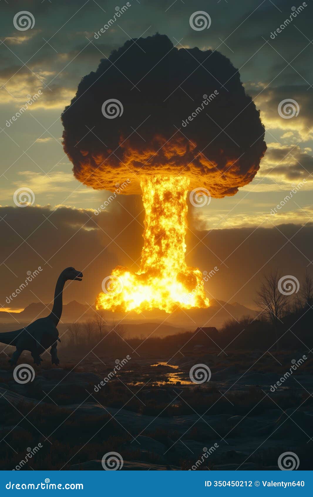 A Dinosaur Standing in Front of a Large Mushroom Cloud in the Sky Stock ...