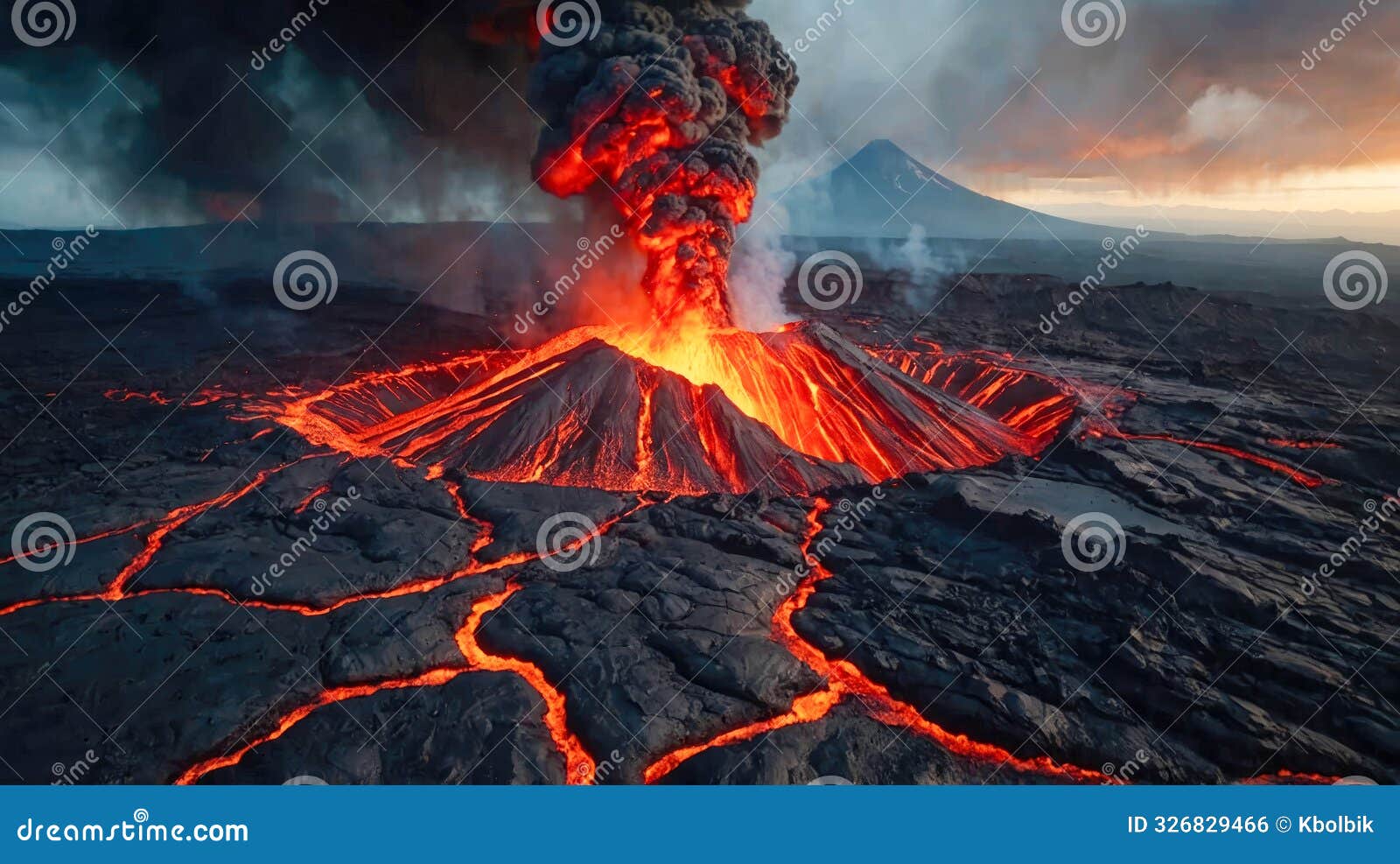 A Dramatic Scene of an Erupting Volcano with Flowing Lava and Smoke ...