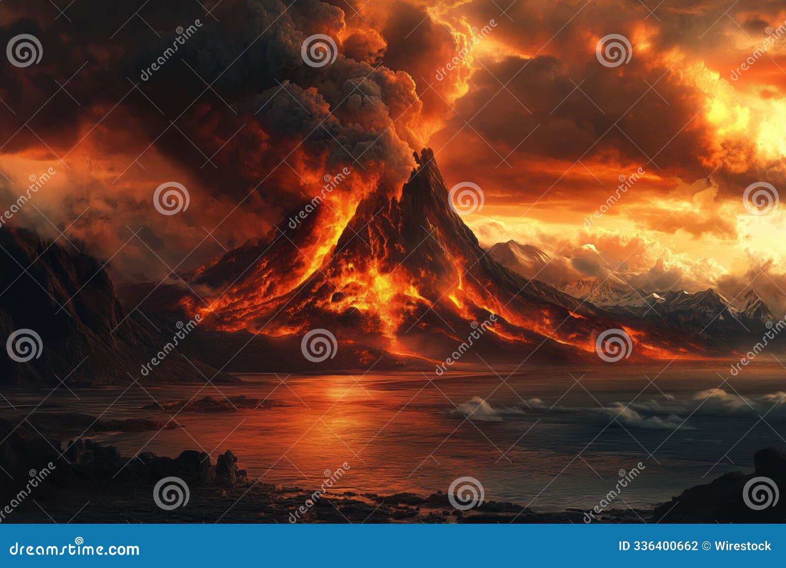 A Dramatic Scene of an Erupting Volcano with Molten Lava Flowing into ...