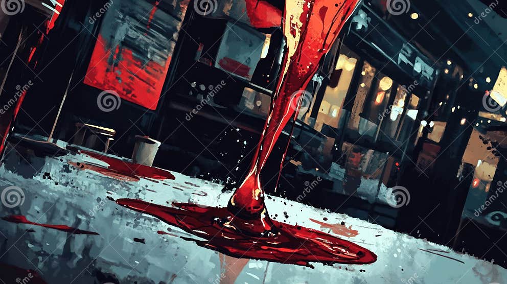 A Dramatic Scene Featuring Spilled Red Liquid on a Table in a Dimly Lit Environment Stock ...