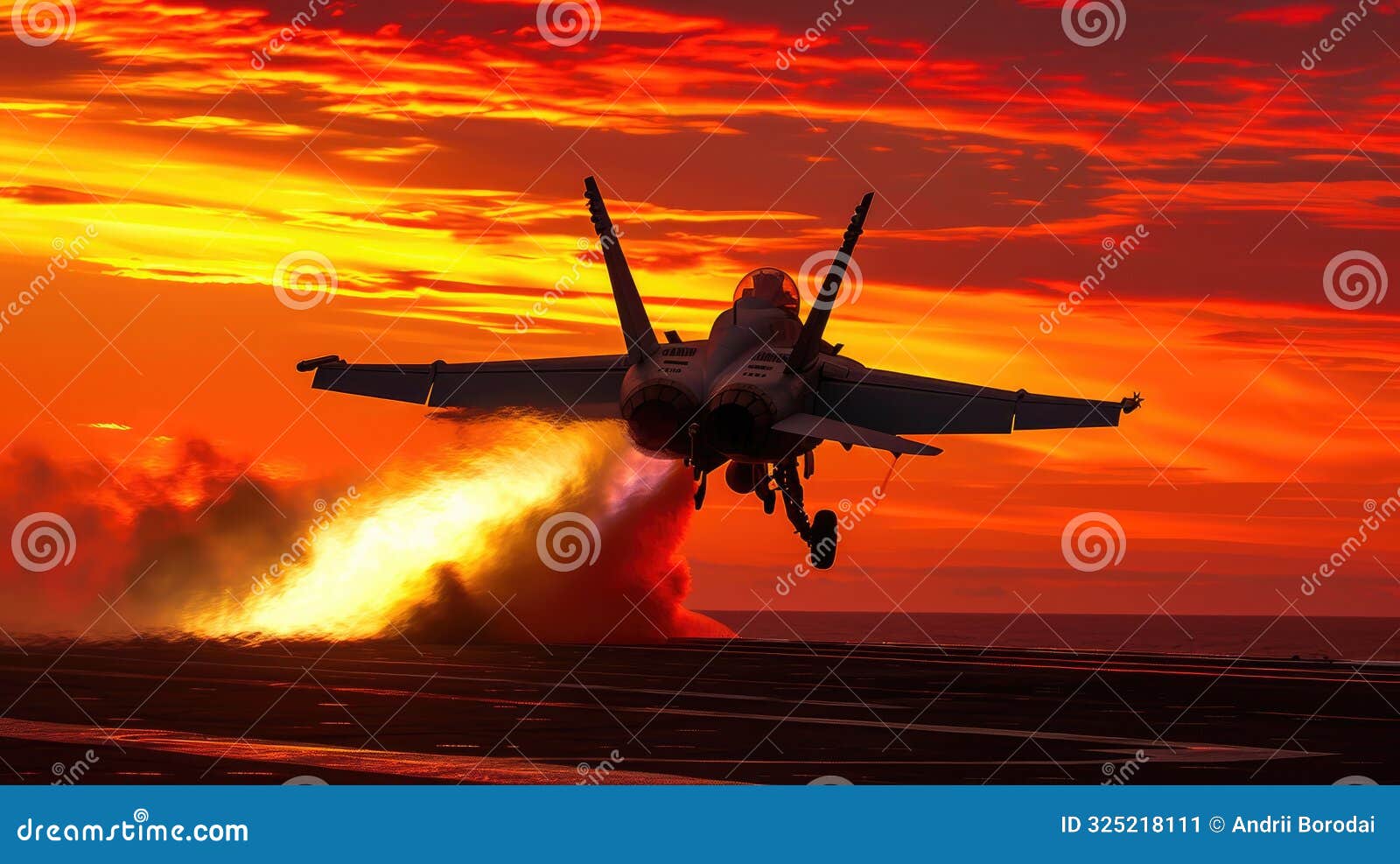 Dramatic Scene: Fighter Jet Launching from Carrier Deck. Stock ...