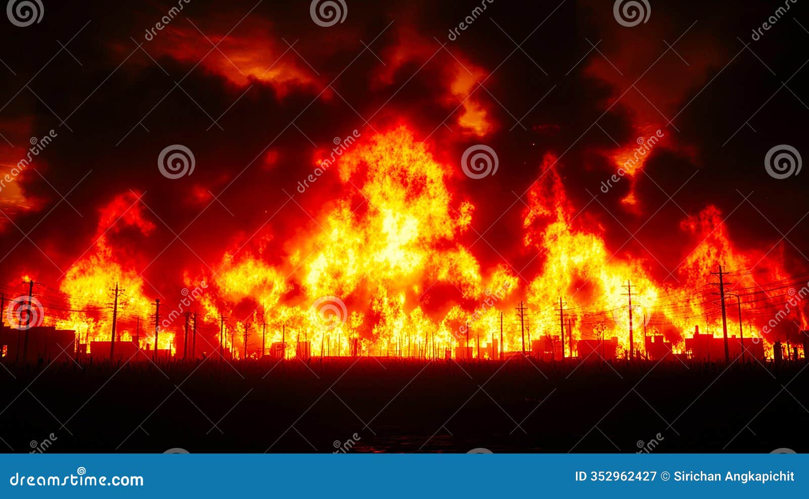 A Dramatic Scene of Fire Engulfing Structures with Dense Smoke Filling ...