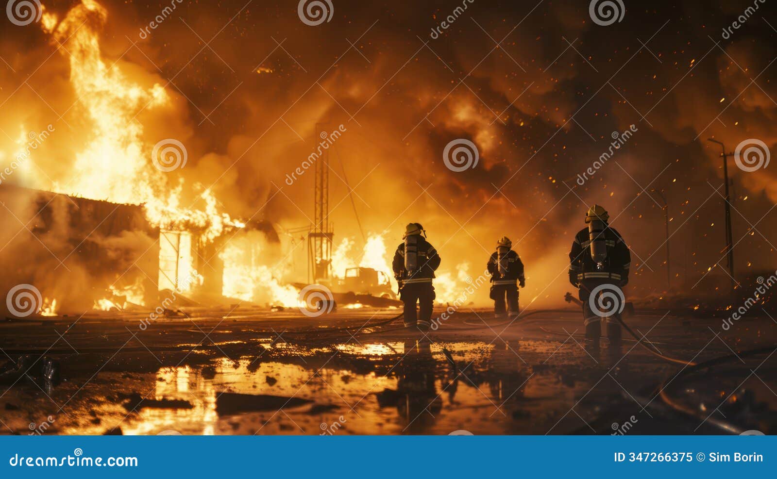 Dramatic Scene of Firefighters Confronting a Roaring Stock Illustration ...