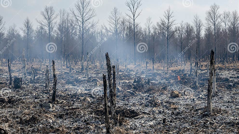 Dramatic Scene of Forest Fire Aftermath with Smoke Charred Trees and ...