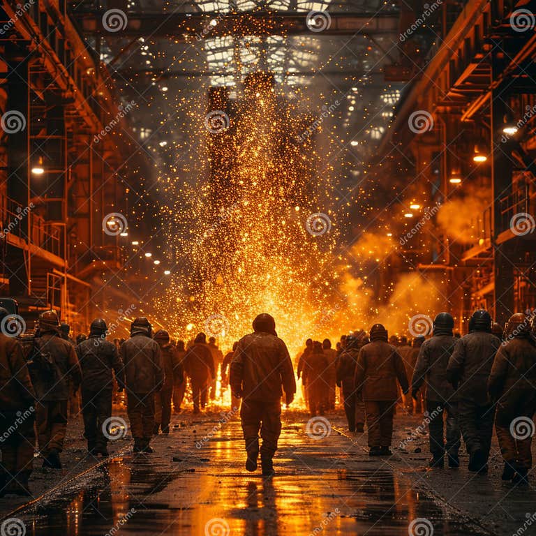 A Dramatic Scene in an Industrial Setting. Workers in Safety Gear Walk ...