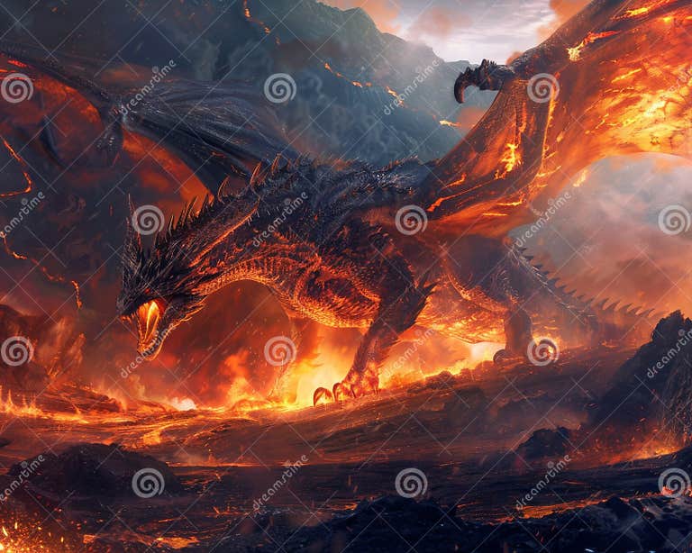 A Dramatic Scene of a Mighty Dragon Emerging from a Volcanic Caldera ...