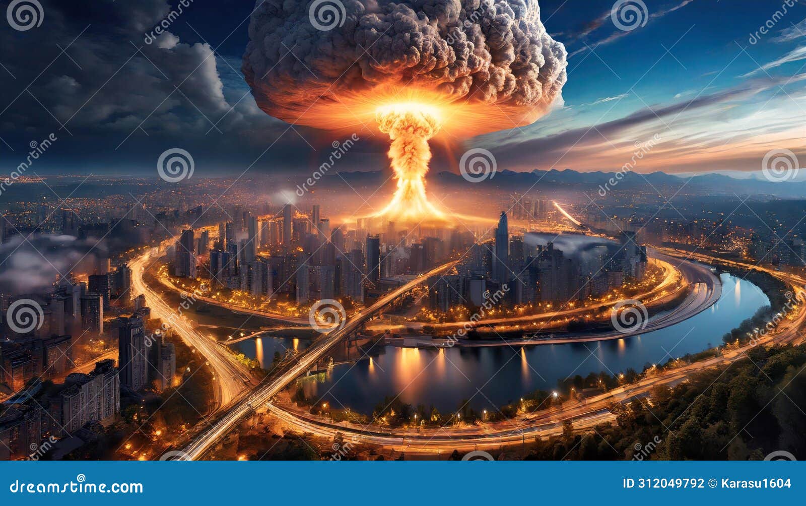 Dramatic Scene of Nucler Explosion on a City at Night Stock Photo ...