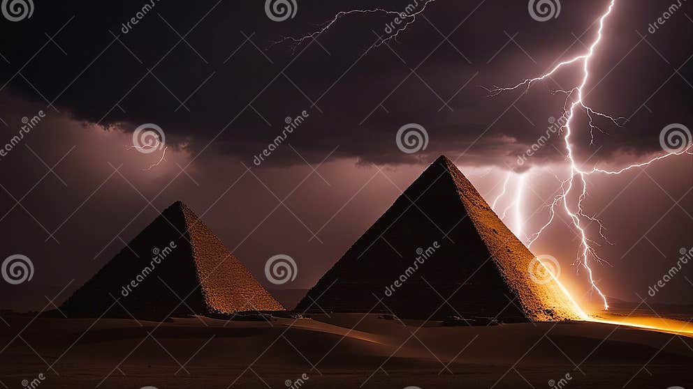 A Dramatic Scene of a Pyramid and Lightning, Creating a Contrast of ...
