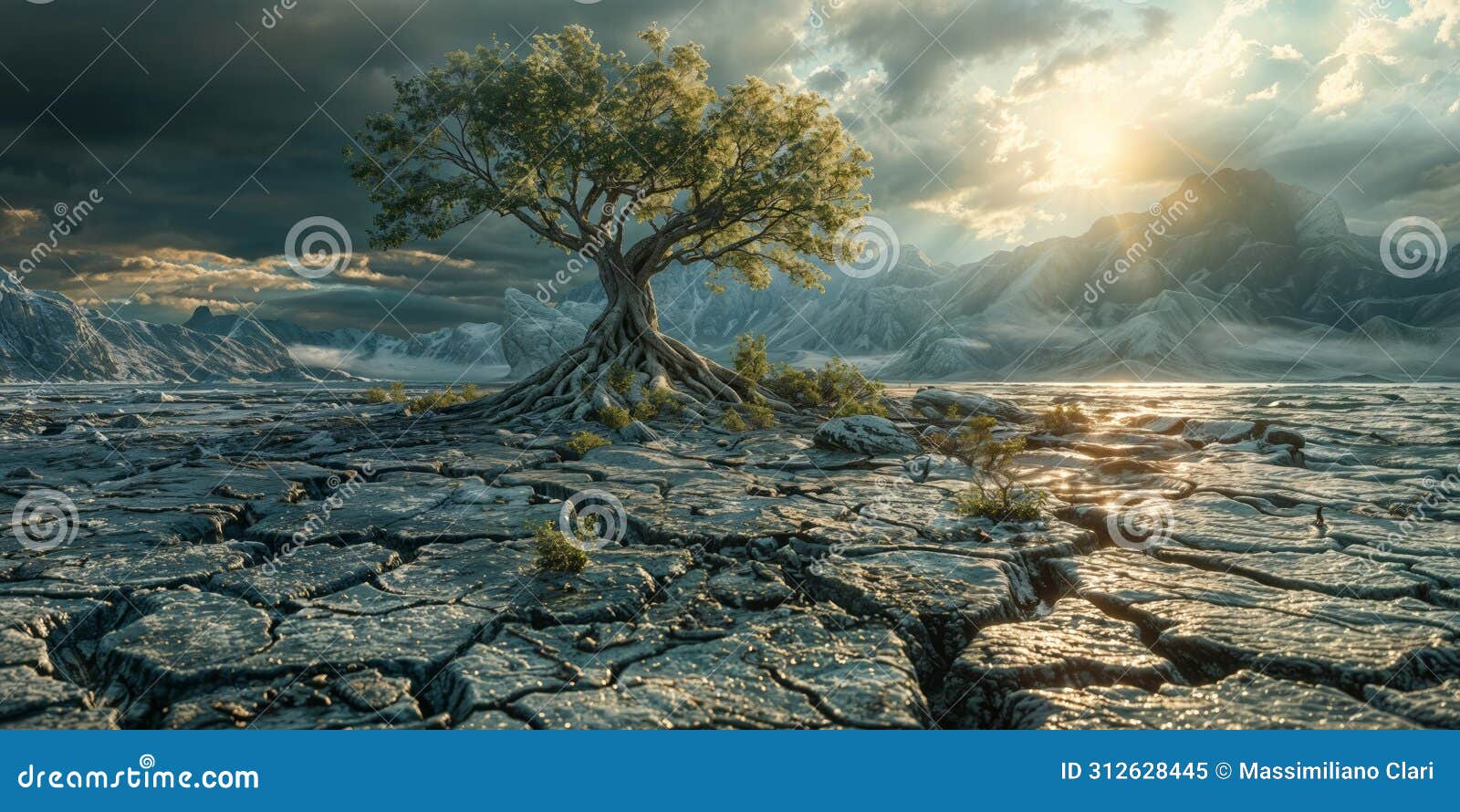 Dramatic Scene of a Solitary Tree in a Desolate, Cracked Terrain ...