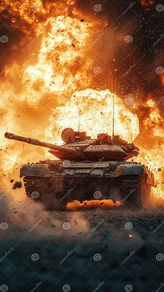 Dramatic Scene of Tank Amidst Explosive Fire and Smoke Effects Stock ...