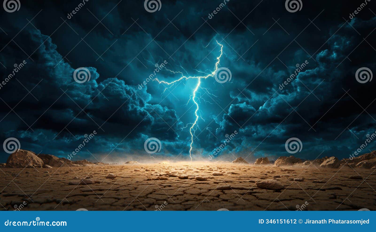 Dramatic Scene of Thunderstorm with Lightning Over Dry Land Stock ...