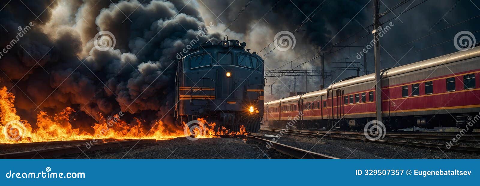 Dramatic Scene of Train on Fire at Train Station, Smoke Billowing ...