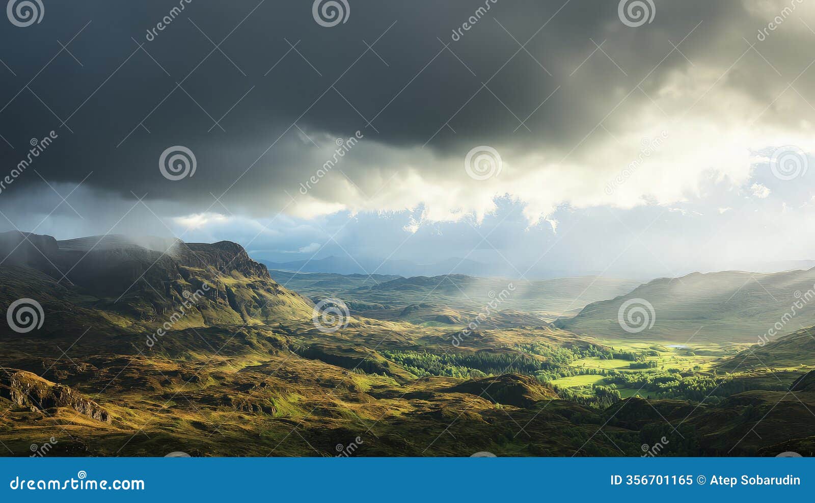 Dramatic Scottish Highlands Valley Landscape, Sun Rays through Storm ...
