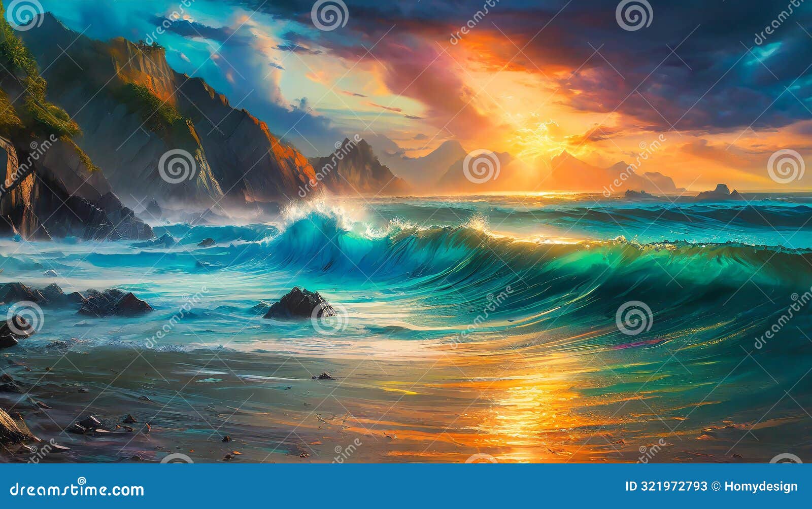 Dramatic Seascape with Waves, Cliffs, and a Sunset through Stormy ...